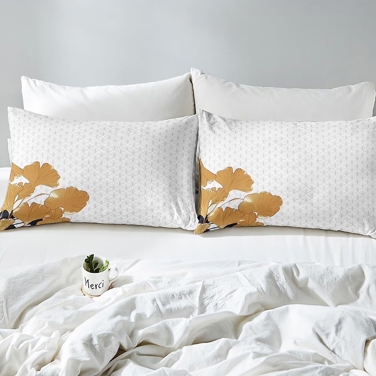 Ginkgo Leaf Bedding Set for Girls Boys Golden Leaf Pattern Comforter Cover Tropical Leaves Duvet Cover Room Decor Ginkgo Leaves Bedspread Cover Full Size Bedding Collection 3Pcs (No Comforter)