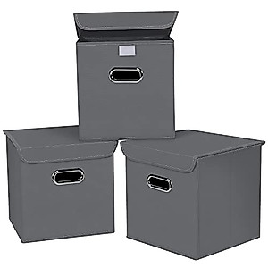 Yunkeeper Collapsible Storage Bins with Lids,Fabric Cube Storage Organizer With Handles,For Clothes Storage,Home, Nursery,Closet Office Basket,3 Pack,（Grey