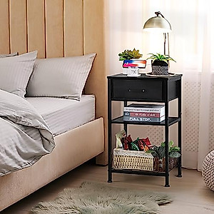 Black Night Stand with Charging Station, Small Bedside Tables with Storage Shelf for Small Spaces, Industrial End Table with Fabric Drawer for Living Room, Bedroom, Office