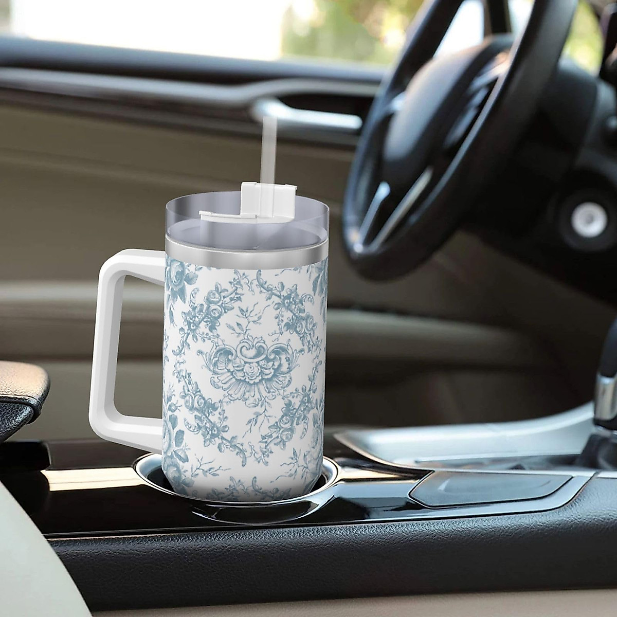 Elegant Engraved Blue And White Floral Toile 40 Oz Tumbler With Handle & Leak-Proof Lid – Car Cup Holder Friendly Hot/Cold Vacuum Insulated Stainless Steel Travel Mug Large Coffee Water Bottle For Car