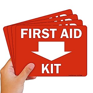 SmartSign (Pack of 4) 5 x7 inch “First Aid Kit” Sticker Labels with Down Arrow, 5 mil Laminated Polyester with SuperStick Adhesive, Red and White