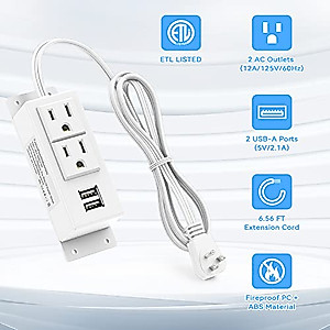 Kungfuking Power Strip with USB, Wall Mountable Socket Surge Protector Power Strip with 2 AC Outlets and 2 USB Charging Ports White Extension Cord 6.56 FT, Flat Plug