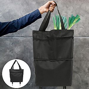 Trolley Bag Wheels Foldable Grocery Bag Reusable Shopping Cart Utility Tote Laundry Travel Portable Lightweight Bag (Black)