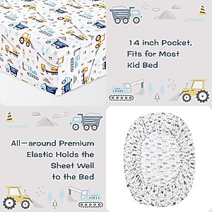 lasoftan Kids Sheet Set Twin Size 3 Pcs, Boys Twin Sheet Set with Blue Excavator Car Pattern，Kids Boys Twin Fitted Sheet ，Breathable & Silky Soft Microfiber Kids Fitted Sheet