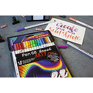 STABILO Premium Fibre-Tip Pen - Pen 68 brush ARTY - Wallet of 18 - Assorted Colours