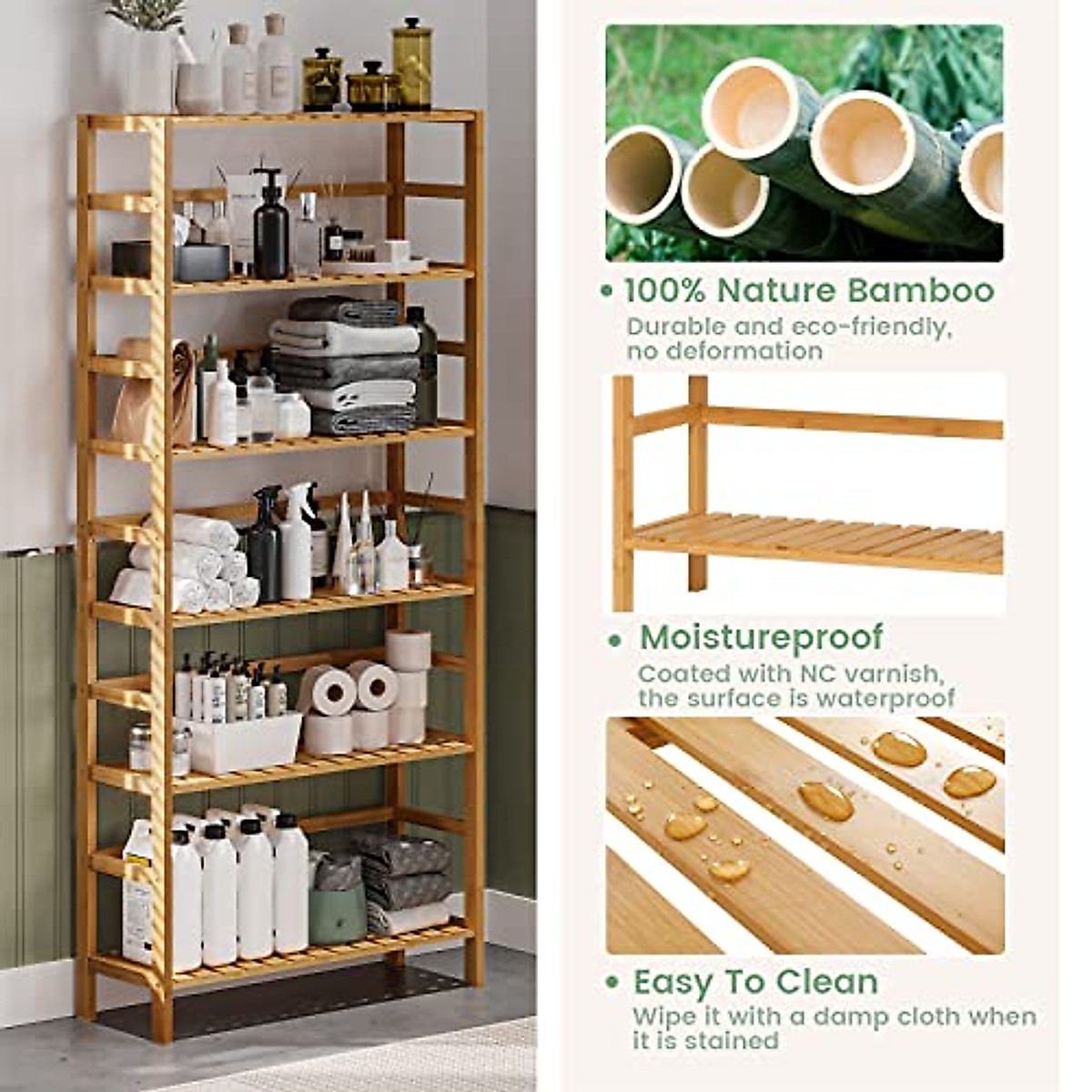 VIAGDO Bamboo Bathroom Shelf, 6-Tier Adjustable Tall Bookshelf, Multifunctional Storage Rack Freestanding Shelving Unit for Bathroom, Living Room, Bedroom, Kitchen, Laundry Room
