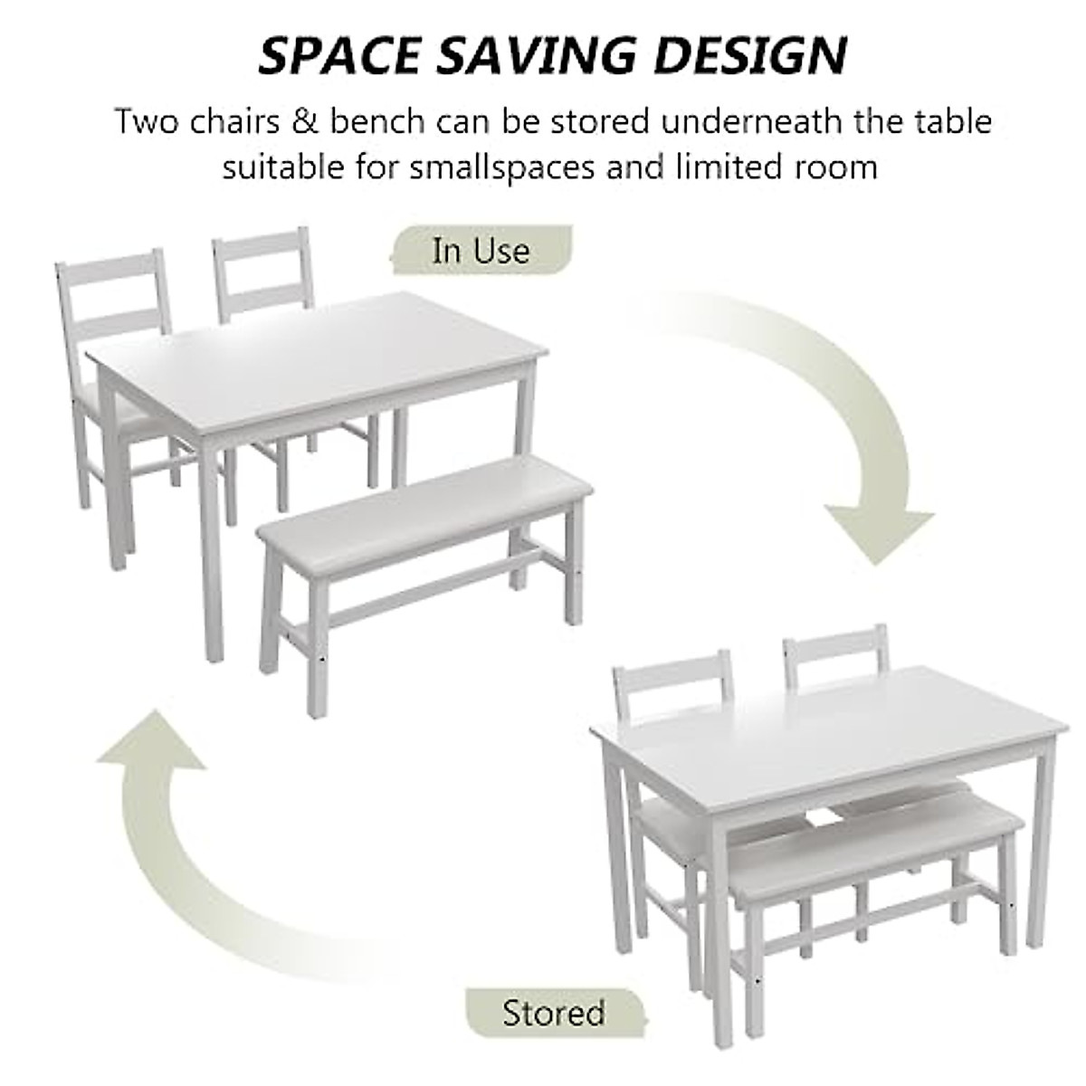 Dining Table Set for 4, 4 Piece Kitchen Table with Chairs and Bench, Wood Rectangular Dining Table Set with 2 PU Leather Chair and Bench for Small Spaces, Apartment, Breakfast, Living Room (White)