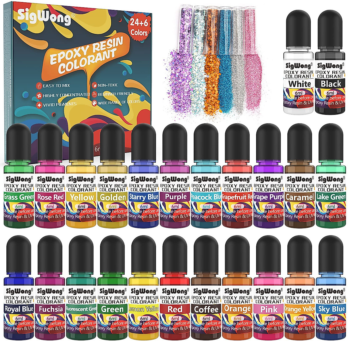 Epoxy Resin Pigment - 24 Colors Liquid Translucent Epoxy Resin Colorant, Highly Concentrated Epoxy Resin Dye for DIY Jewelry Making, Paint, Craft - 6ml Each, with 6 Colors Resin Glitter