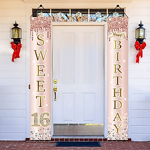 Sweet 16th Birthday Door Banner Decorations for Girls, Pink Rose Gold Sweet 16th Birthday Backdrop Porch Sign Party Supplies, Happy Sweet Sixteen Year Old Birthday Decor for Outdoor Indoor