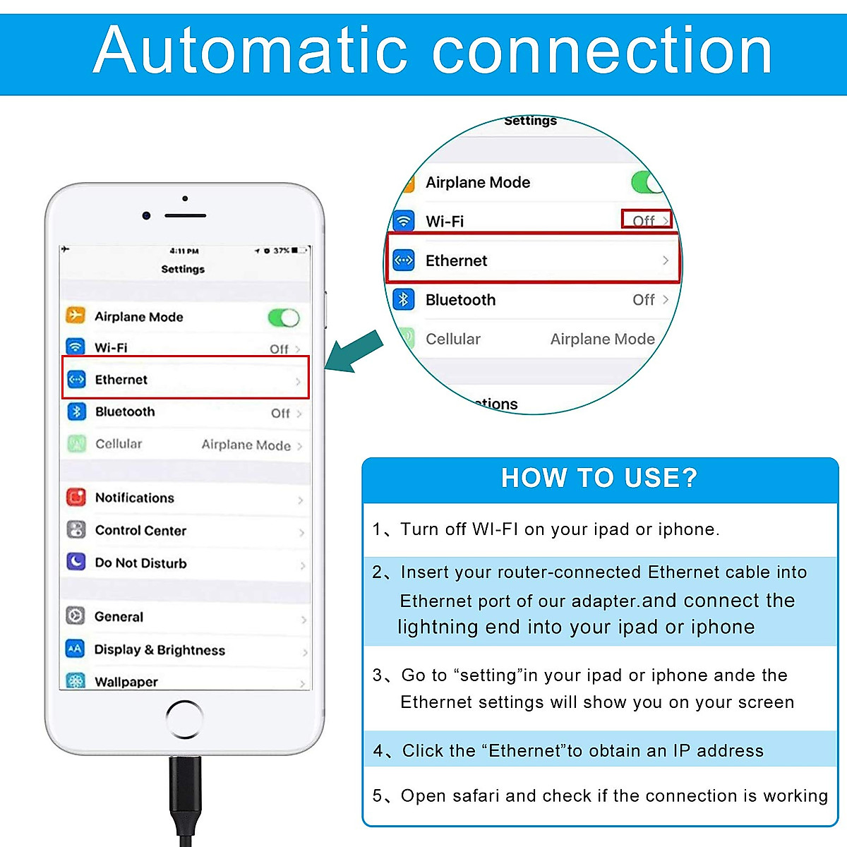Lightnning to Ethernet RJ45 Adapter for iPhone/iPad [Apple MFi Certified], Plug and Play iPhone High Speed Ethernet Adapter Support 10/100 Mbps Network (Black)