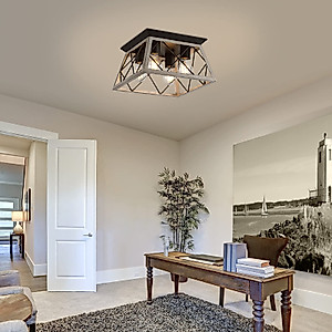 Q&S Farmhouse Ceiling Light OAK Semi Flush Mount Vintage 4-Light Square Rustic Island Light Fixtures for Entryway Hallway Dining Room Living Room Bedroom