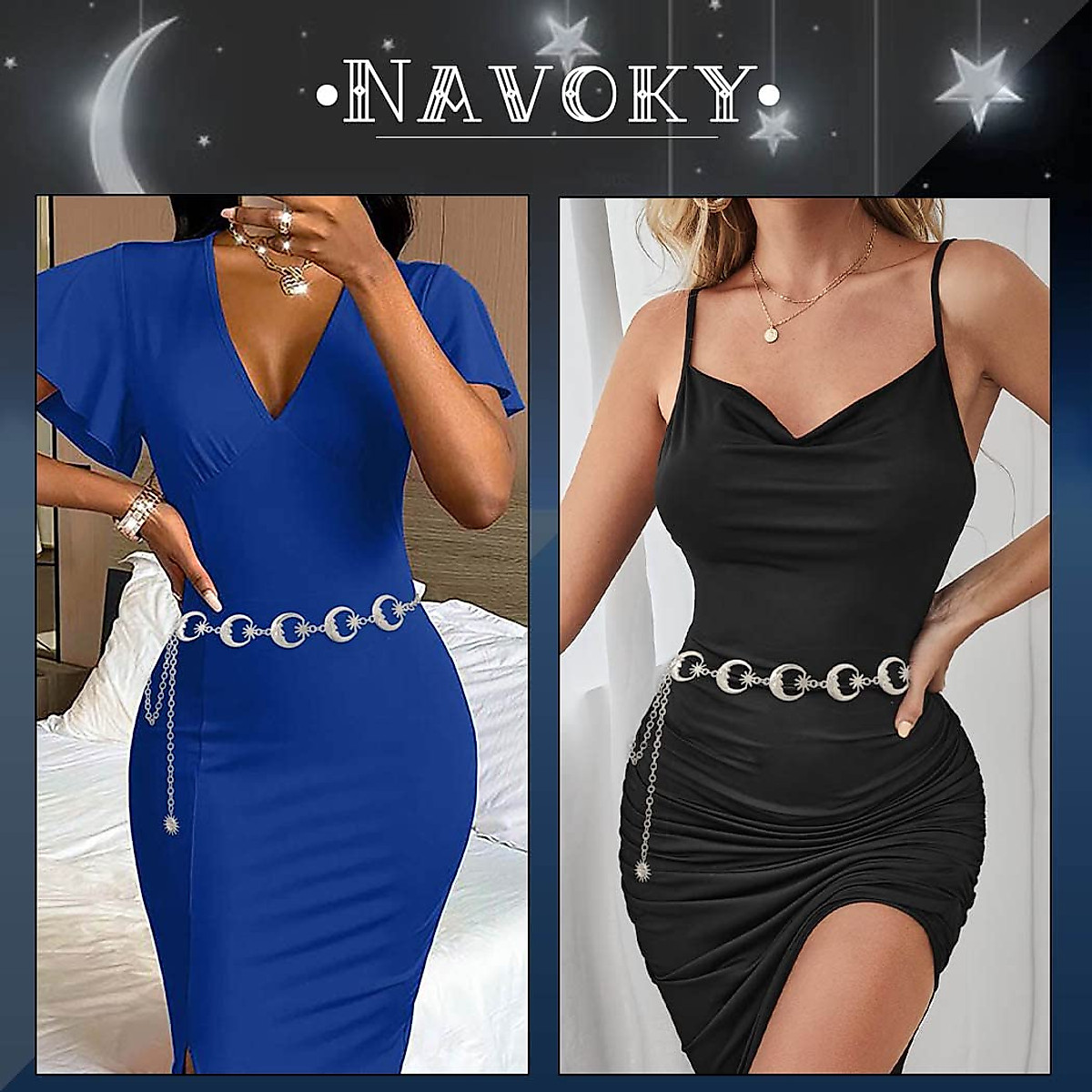 Navoky Moon Star Metal Waist Chain Sun Pendant Belly Belt Body Chains Jewelry Accessories for Women(Silver-Moon)