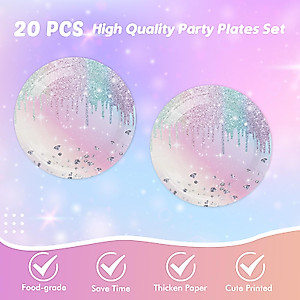 Juhap Iridescent Diamond Birthday Party Supplies Decorations, Disposable Holographic Paper Tableware Includes 20 Plates 20 Napkins and 1 Tablecloth for Girls Kids Birthday Theme Party, Serve 20