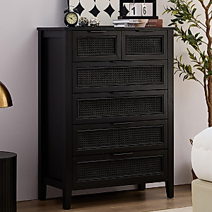 BOSHIRO Dresser for Bedroom, 6 Chests of Drawers, Rattan Drawer Dresser, Boho Dresser, Tall Dresser Modern 6 Drawer Dresser, Black Dresser for Closet, Home Office