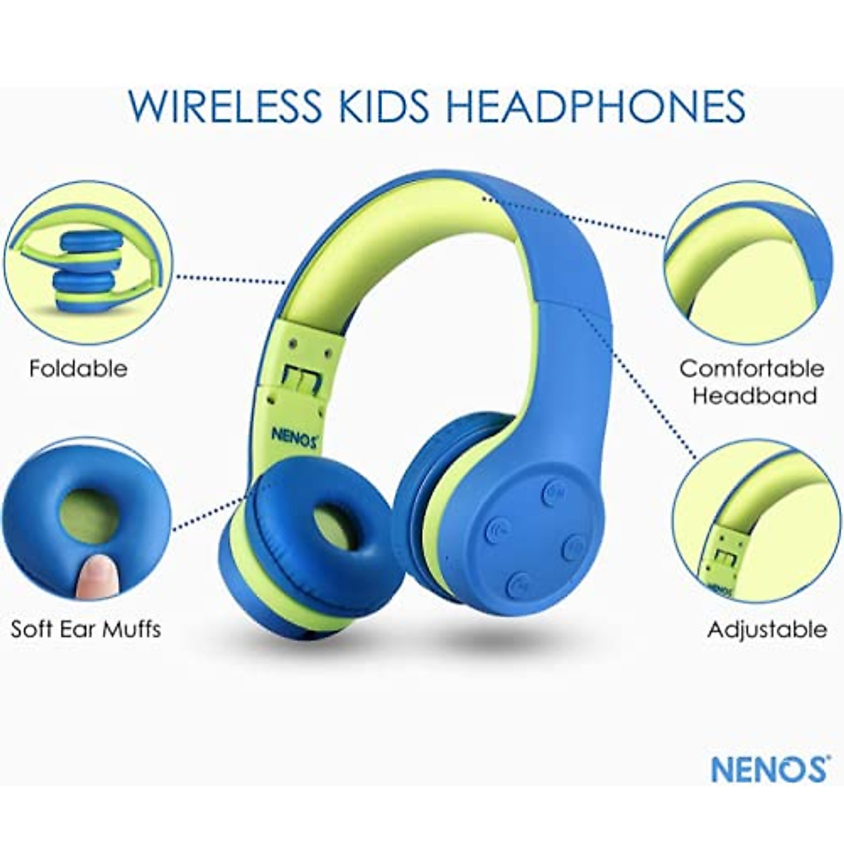 Nenos Bluetooth Kids Headphones Wireless Kids Headphones 93dB Limited Volume Wireless Headphones for Kids Boys Girls School Headphones Classroom (Blue L)