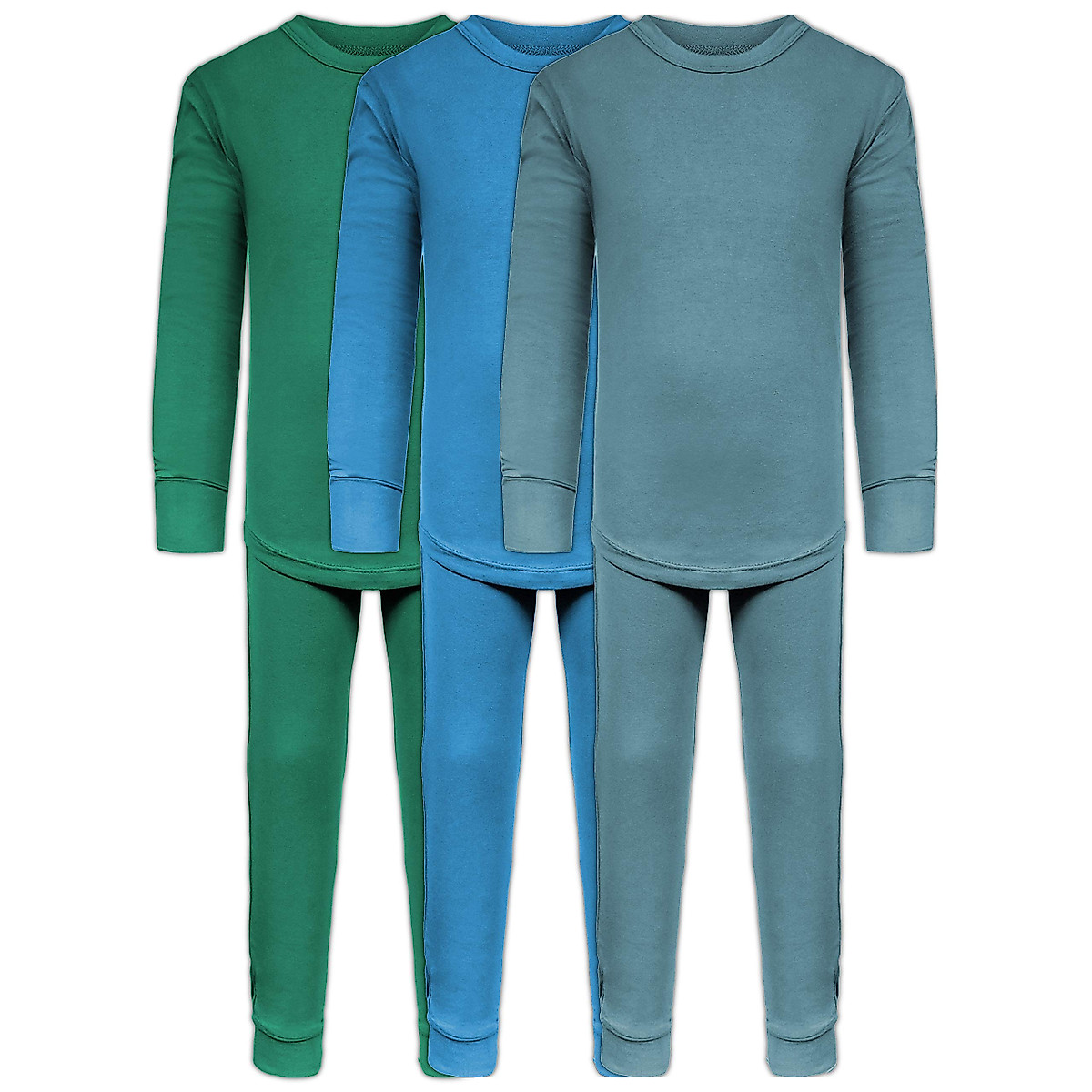 Andrew Scott Boys Long John Ultra-Soft Cotton Stretch Base Layer Underwear Sets / 3 Long Sleeve Tops + 3 Long Pants - 6 Piece Mix & Match (3 Sets / 6 Pc - Evergreen/Blue/Arctic, 2T/3T)