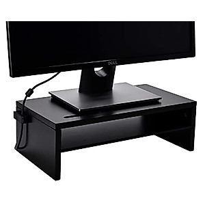 Monitor Stand - Two Tier Wood Desk Shelf for Monitor, Printer or Desktop Computer. Cable Management, Phone Slot and Removable Shelf for Organizing Office Accessories. (Black)