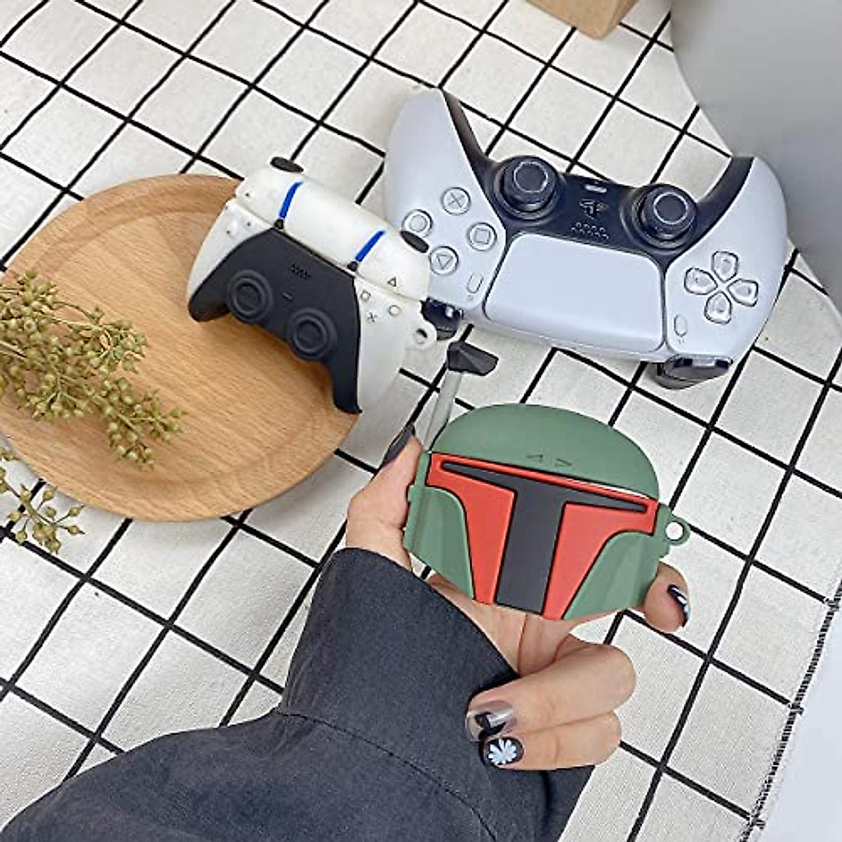 2Pack Airpods Pro Case, Soft Silicone Cute Funny Fun Star War Boba Fett Cartoon Character Cover with Keychain, AirPod Pro Skin Set for Kids Teens Boys Girls(PS5 Game Controller+Mandalorian Helmet)