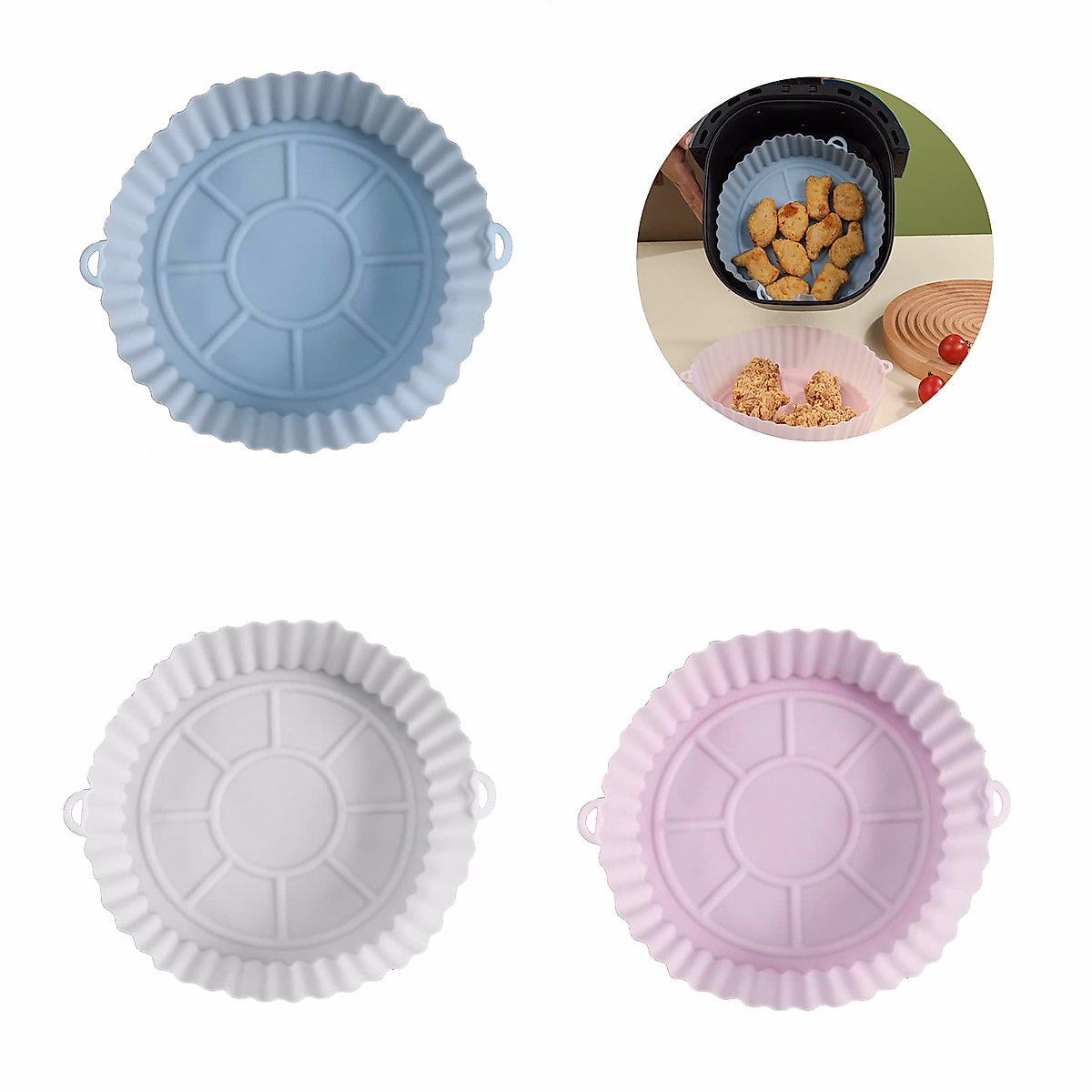 3 Pcs Air Fryer Silicone Pot, 7 Inch Reusable Round Air Fryer Silicone Liners, Replacement of Parchment Paper Liners Air Fryer Accessories, Food Safe Baking Pans for Oven, Microwave(Blue, Pink, White)