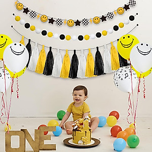 Qeeenar 53 Pcs One Happy Dude 1st Birthday Banner Lightning Smile Face Banner One Happy Dude Tassel Party Banner Hippie First Birthday Banner for Baby Shower Birthday Hippie Party Decoration Supplies