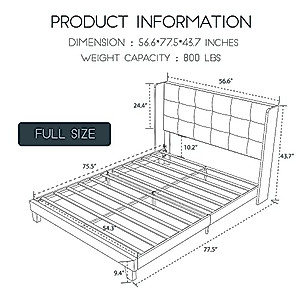 Einfach Full Upholstered Wingback Platform Bed Frame with Headboard/Mattress Foundation with Wood Slat Support and Square Stitched Headboard/No Box Spring Needed/Easy Assembly, Dark Grey