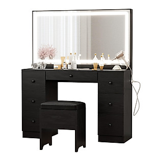 IRONCK Vanity Desk with LED Lighted Mirror & Power Outlet, 7 Drawers Makeup Vanities Table with Stool, for Bedroom, White