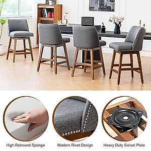 SENYUN Swivel Bar Stools Set of 4, 26" Counter Height Bar Stools with Back, Linen Fabric Upholstered Seat Barstool with Wooden Base for Kitchen Island Dining Room Pub