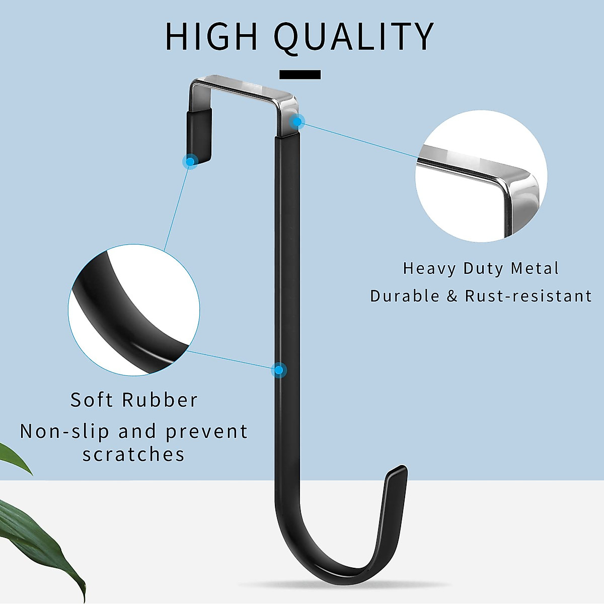 FYY Over The Door Hooks, 4 Pack Upgraded Long Door Hangers Hooks with Rubber Prevent Scratches Heavy Duty Organizer Hooks for Hanging Clothes, Towels, Hats, Coats, Bags Black