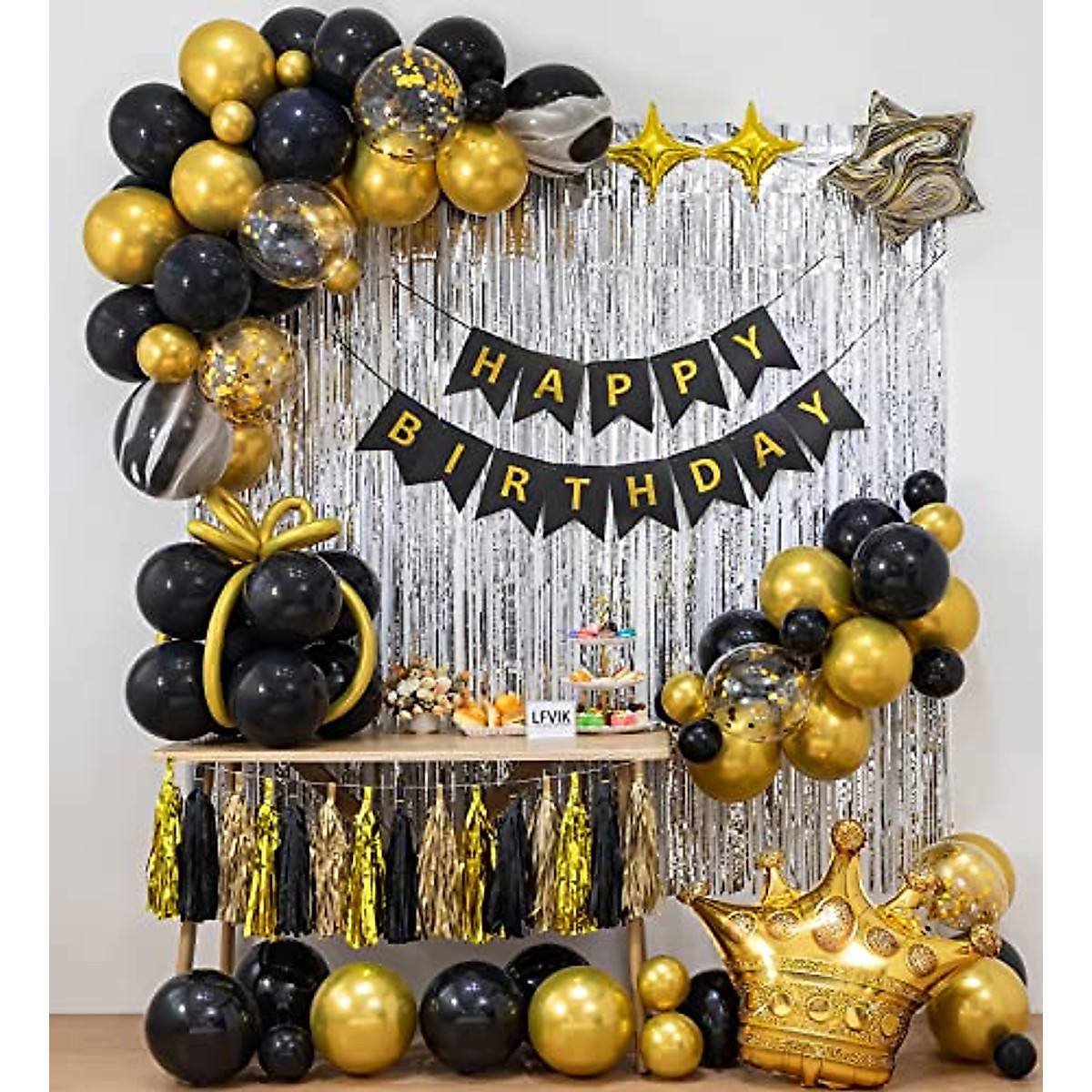 LFVIK Black Gold Birthday Decorations Background&4 Sizes Balloons Garland Black Gold Party Set,Birthday Banner,Crown Balloons,Silver Curtains,Tassel,Gold Confetti Balloons,for Women Men Birthday Party