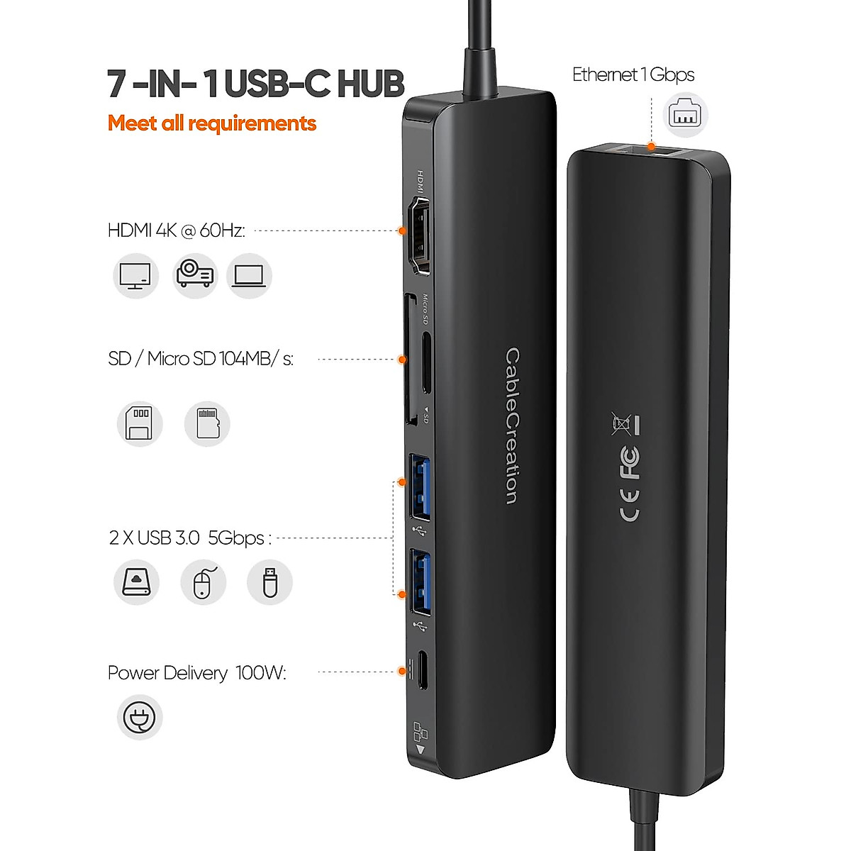 USB C Hub with Ethernet, CableCreation 7 in 1 4k@60Hz HDMI USB C Multiport Adapter with 100W PD, 2 USB 3.0 Ports, SD/TF Cards Reader Compatible for MacBook Pro/Air M1 M2, iPad Pro/Air, Dell XPS, HP