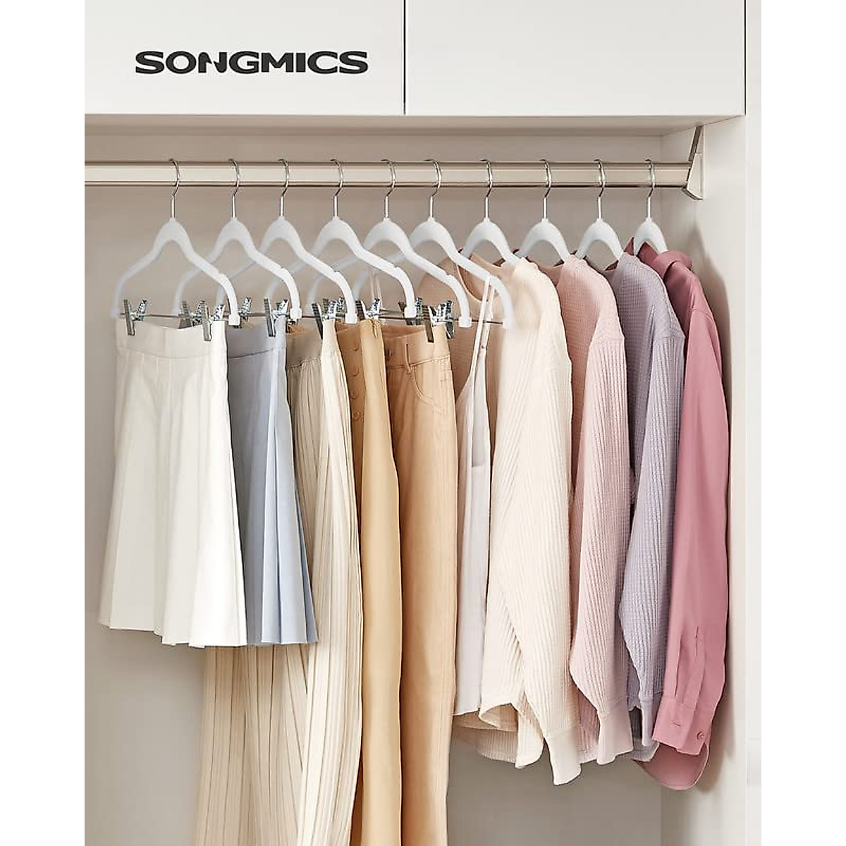 SONGMICS 50-Pack Coat Hangers and 30-Pack Pants Hangers Bundle, Velvet Hangers, Non-Slip Clothes Hangers, Velvet Hangers with Adjustable Clips, White and Light Pink UCRF029W05 and UCRF012W02