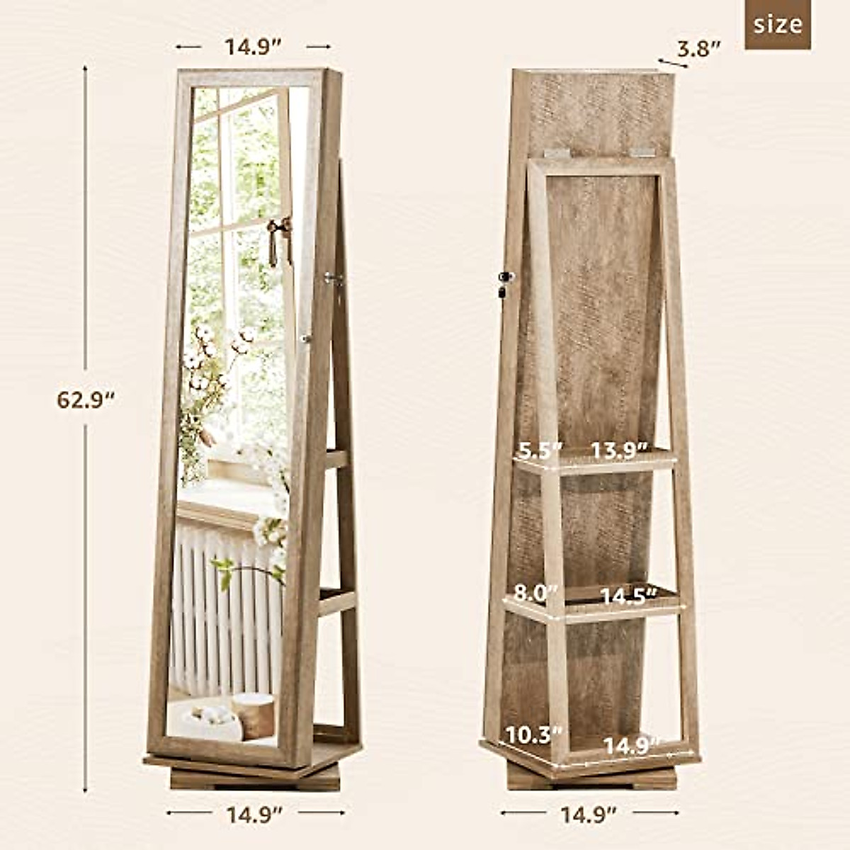 SERWALL 360 Rotating Jewelry Stand Organizer - Jewelry Armoire with Full-Length Mirror- Freestanding Dressing Mirror Jewelry Cabinet Storage - WOOD