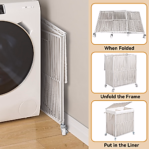 WOWLIVE Laundry Hamper with Wheels, Handwoven Rolling Laundry Basket with Lid, Clothes Hamper with Divided Removable Liner Bag, 115L Large Capacity Laundry Sorter Laundry Room Organization, White