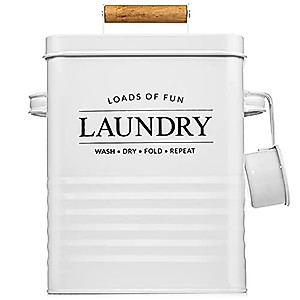 Calindiana Modern Farmhouse Metal Laundry Soap Dispenser Container Holder with Scoop for Laundry Room Decor and Space Saving Laundry Room Organization and Storage, Laundry Powder Container, White