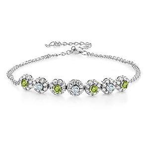 Gem Stone King 925 Sterling Silver Green Peridot and Sky Blue Aquamarine Tennis Bracelet For Women (2.18 Cttw, Gemstone August Birthstone, 7 Inch with 2 Inch Extender)