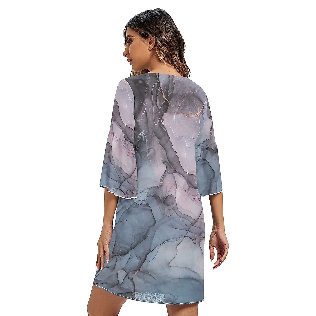 Mixing Acrylic Paints Modern Fluid Alcohol Ink Art Marble Stone Women V Neck Chiffon Dress, Casual Loose Breathable Mini Flowy Shift Dresses, Long Sleeve A Line Dress Sun Dress(L)