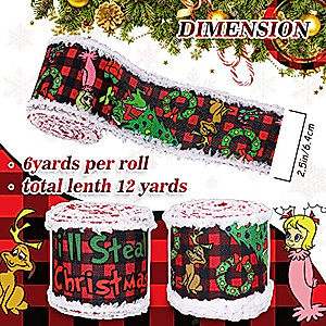 Whaline Christmas Wired Edge Ribbon with White Burr Red Black Buffalo Plaids Cartoon Character Craft Ribbon Xmas Green Red Decorative Ribbon for Gift Wrapping DIY Floral Arrangement Bow, 2.5", 2 Roll