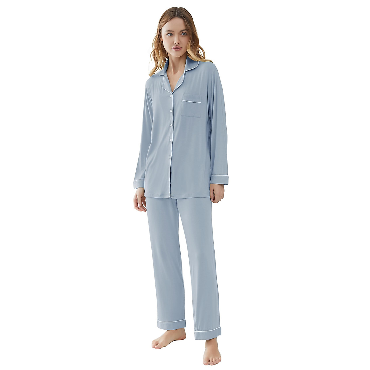 Joyaria Ladies Winter Button Down/Up Pajama/Pj Set Long Sleeve Long Pants(Dusty Blue, Medium)