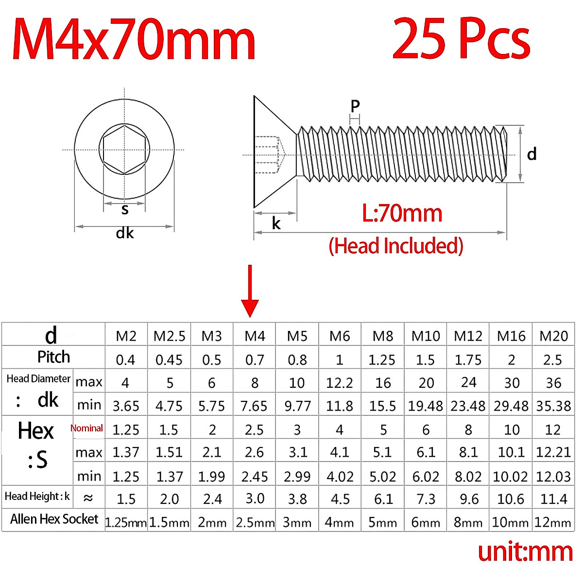 M4-0.7 x 70mm Flat Head Socket Cap Screws Bolts, Stainless Steel 18-8 (304), Bright Finish, Allen Socket Drive,Machine Screws Inner Hex Screw Fasteners Bolts 25 Pcs