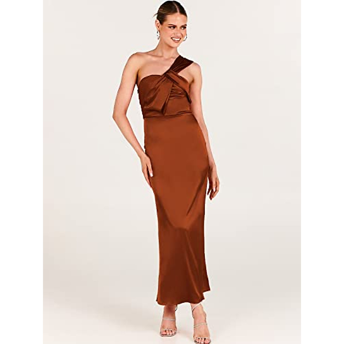 ANRABESS Women's Silk One Shoulder Wedding Guest Bodycon Dress Cocktail Evening Party Long Midi Dress A942-Xiuhong-M Rust