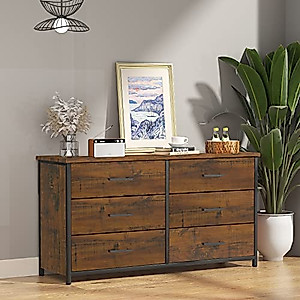 IKENO 6 Drawer Double Dresser, Industrial Wood Dresser for Bedroom, Storage Cabinet with Sturdy Steel Frame
