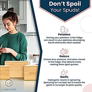 LandHome Onion and Potato Storage Bins (3 Pcs) - Stackable Bamboo Vegetable Containers, Engraved Garlic Pantry Canister, Farmhouse Kitchen Accessories