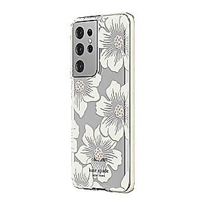 kate spade new york Defensive Hardshell Case Compatible with Samsung Galaxy S21 Ultra 5G - Hollyhock Floral Clear/Cream with Stones/Cream Bumper