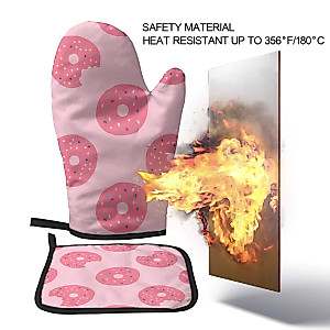 Pink Doughnuts Oven Mitts and Pot Holders Sets Heat Resistant Oven Gloves with Non-Slip Surface for Reusable for Baking BBQ Cooking
