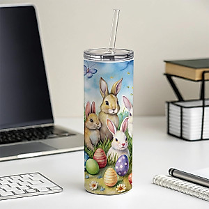 Easter Bunnies Watercolor Skinny Tumbler 20oz with Straw Insulated Water Bottle Gift