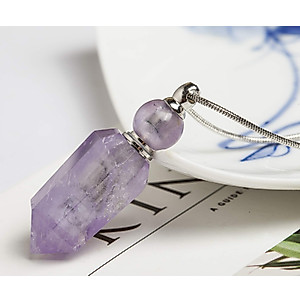 AMOYSTONE 1P Natural Amethyst Healing Oil Crystals Perfume Bottle Necklace Aromatherapy Bullet Shape Pendant Womens Gift