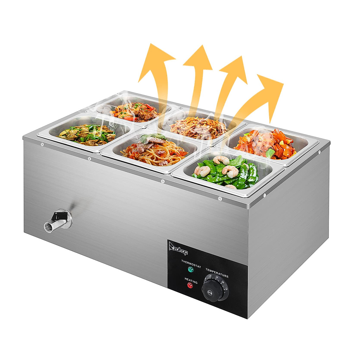 ROVSUN 21QT 6-Pan Electric Commercial Food Warmer, 110V Stainless Steel Bain Marie Buffet, 3.2 QT/Pan Stove Steam Table with Temperature Control & Lid for Parties, Catering, Restaurants