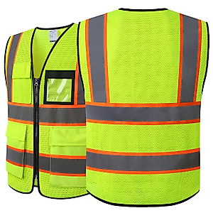 HATAUNKI High Visibility Reflection Yellow Mesh Safety Vests with 8 Pockets and Front Zipper, hi vis safety vest for Men and Women, Meets ANSI/ISEA Standards(Yellow-07,X-Large)