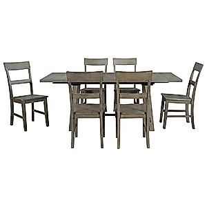 KoiHome Kitchen East-West Set-76 Retro Industrial Style Rectangular 18" Leaf and 6 Chairs, Modern Solid Wood Room, Distressed Finish, Gray, 7-Piece Dining Table Set