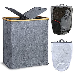 efluky Double Laundry Hamper with Lid, Divided Laundry Hamper with Removable Bags, 2 Section Dirty Clothes Basket with Handles for Bathroom, Bedroom & Laundry Room, 140L Blue-Grey